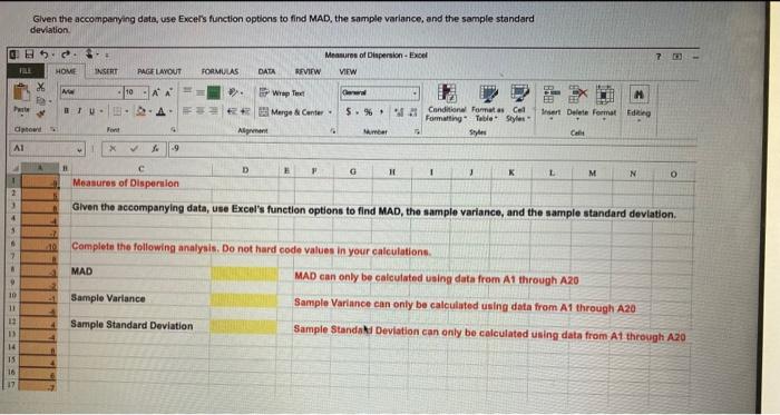 Solved Given the accompanying data, use Excel's function | Chegg.com