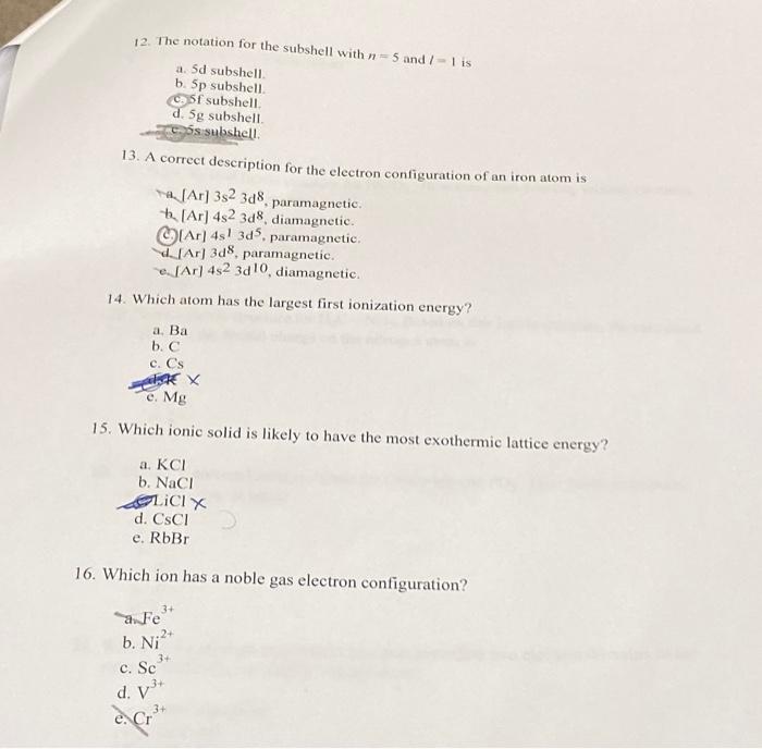 Solved 12. The notation for the subshell with n=5 and l=1 is | Chegg.com
