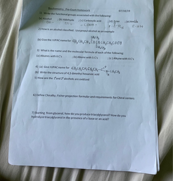 Solved Biochemistry Pre-Exam Homework 07/18/19 Write the | Chegg.com