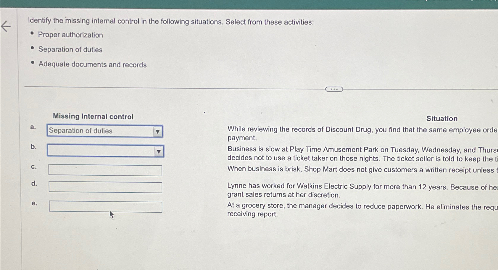 Identify the missing internal control in the | Chegg.com