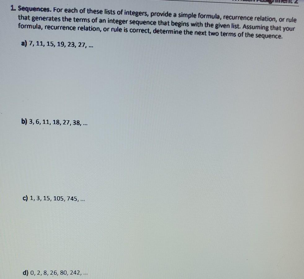 Solved 1 Sequences. For each of these lists of integers, | Chegg.com