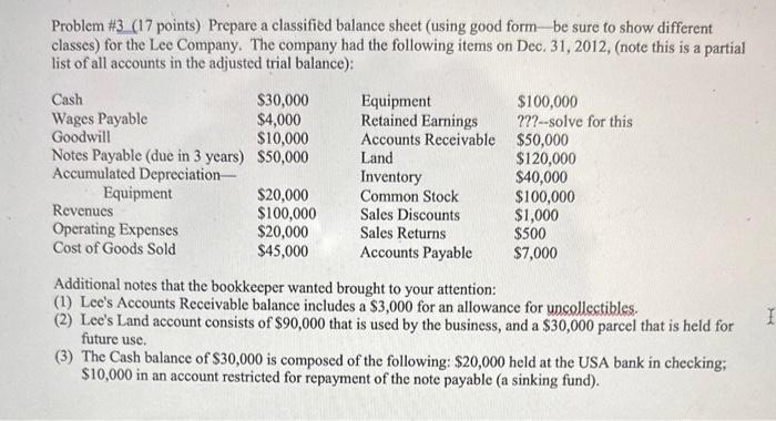 Solved Problem \#3 (17 points) Prepare a classified balance | Chegg.com