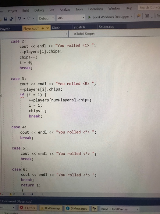 Solved Player.h Player.cpp" x Dice.h stdafx.h Source.cpp -2 | Chegg.com