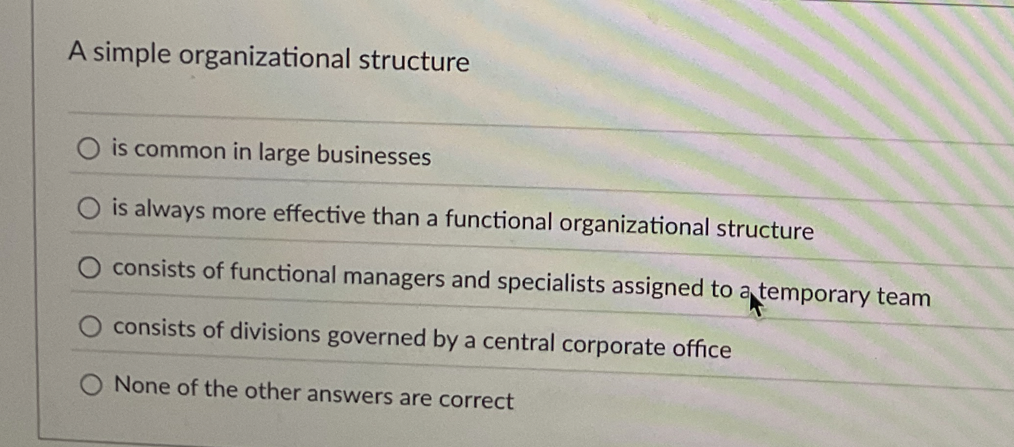 Solved A simple organizational structureis common in large | Chegg.com