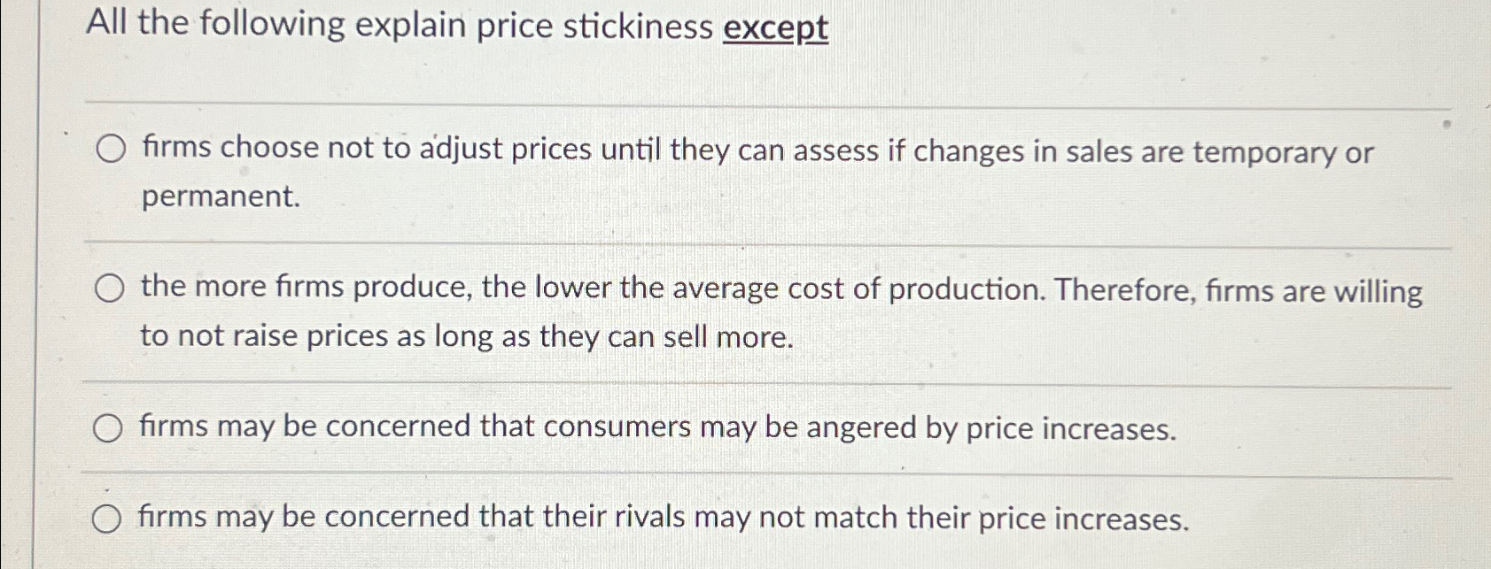 Solved All the following explain price stickiness | Chegg.com