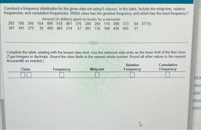 Solved Construct a frequency distribution for the given data | Chegg.com