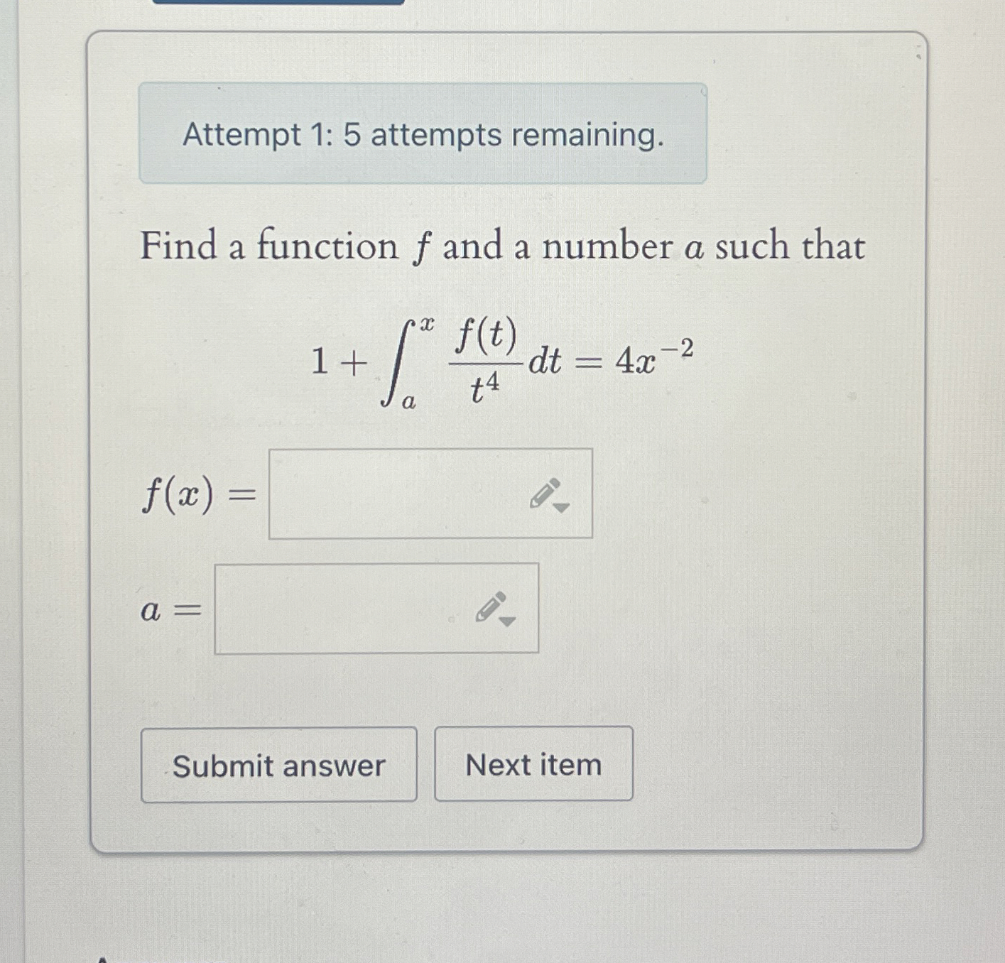 Solved Attempt 1: 5 ﻿attempts remaining.Find a function f | Chegg.com