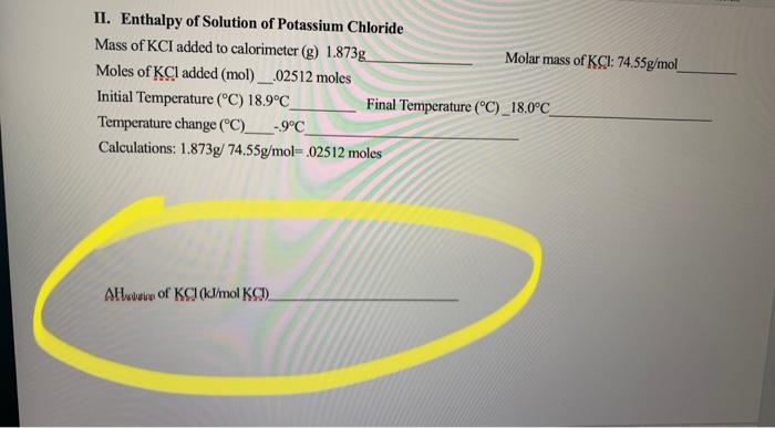 Solved II. Enthalpy of Solution of Potassium Chloride Mass | Chegg.com