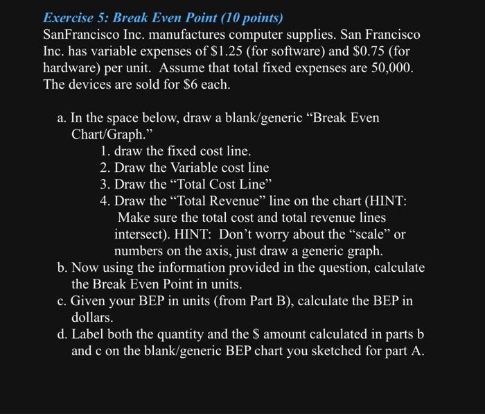 Solved Exercise 5: Break Even Point (10 points) SanFrancisco | Chegg.com