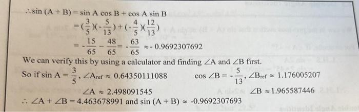 Solved 4. If sinA=53 and cosB=−135 where both ∠A and ∠B are | Chegg.com