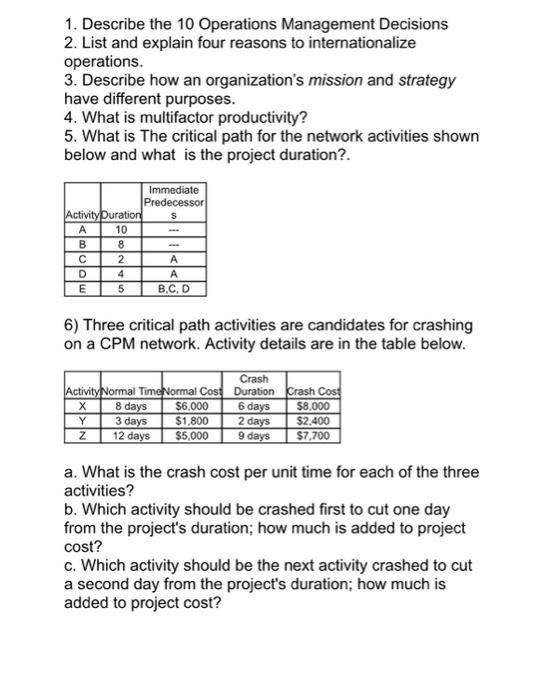 Solved 1. Describe the 10 Operations Management Decisions 2. | Chegg.com