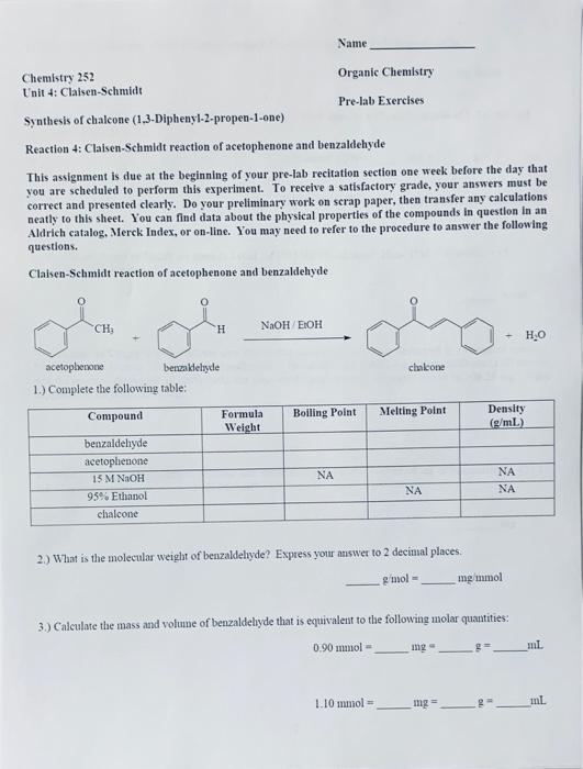 Solved Enit 4: Claisen-Schmidt Pre-lab Exercises Synthesis | Chegg.com