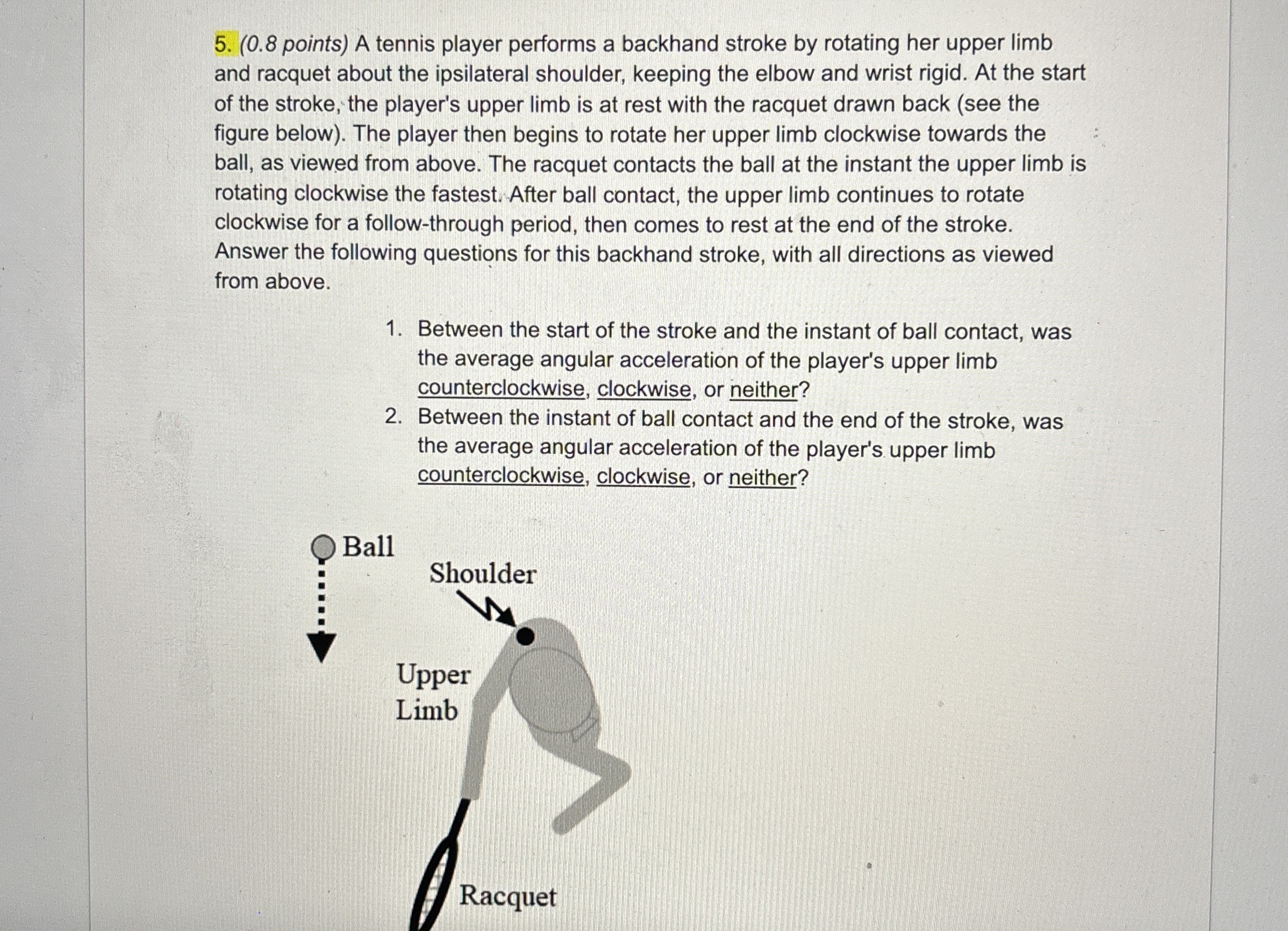 Solved ( 0.8 ﻿points) ﻿A tennis player performs a backhand | Chegg.com