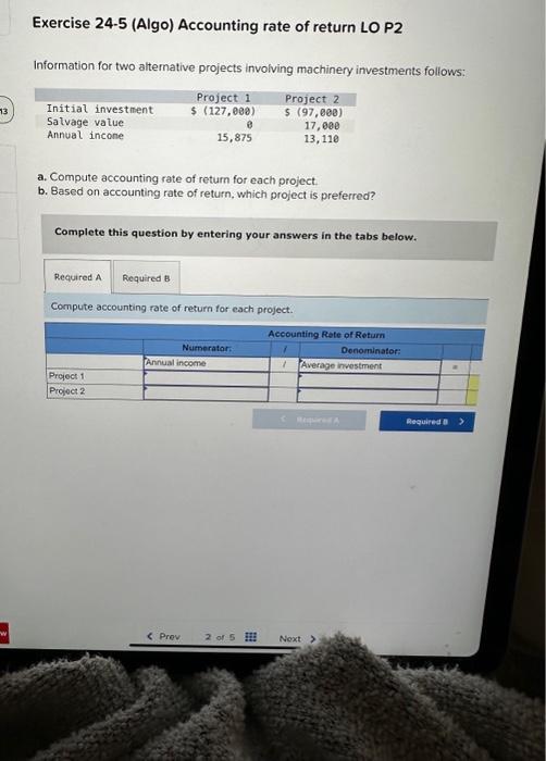 Solved 13 W Exercise 24-5 (Algo) Accounting rate of return | Chegg.com
