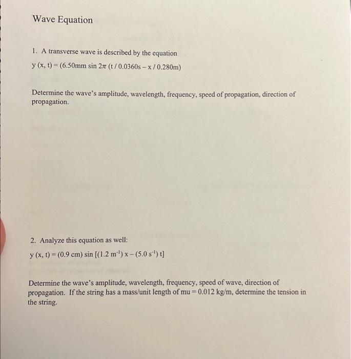 Solved Wave Equation 1. A transverse wave is described by | Chegg.com