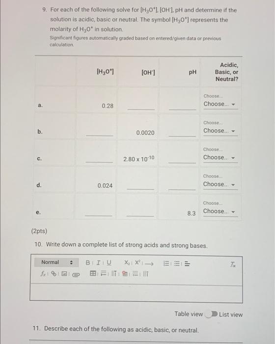 Solved 9. For each of the following solve for (H30*1. (OH), | Chegg.com