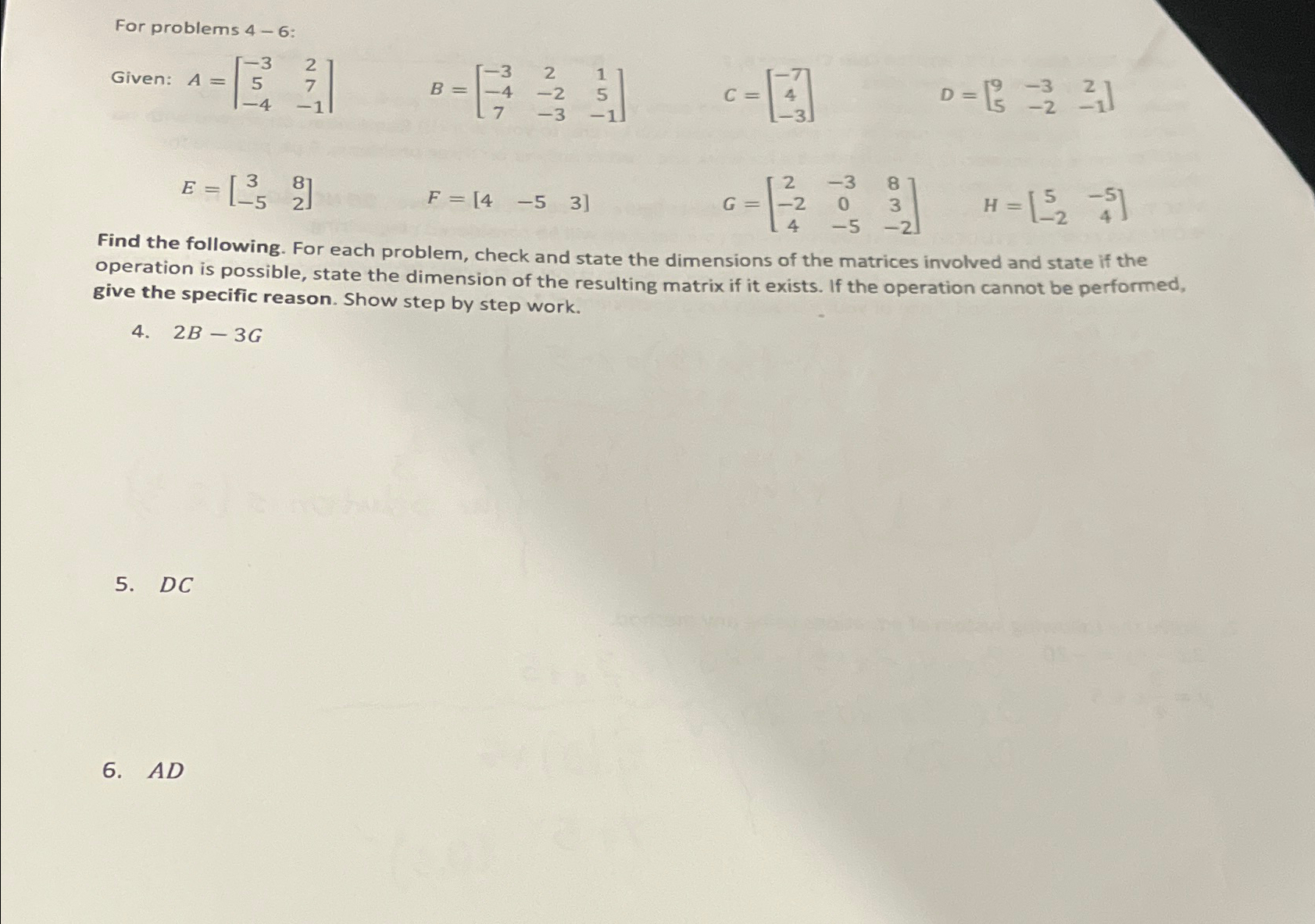 Solved For problems 4-6:Given: | Chegg.com