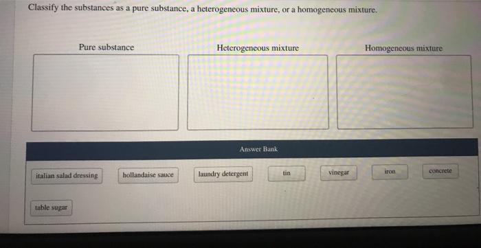 Solved Classify the substances as a pure substance, a | Chegg.com