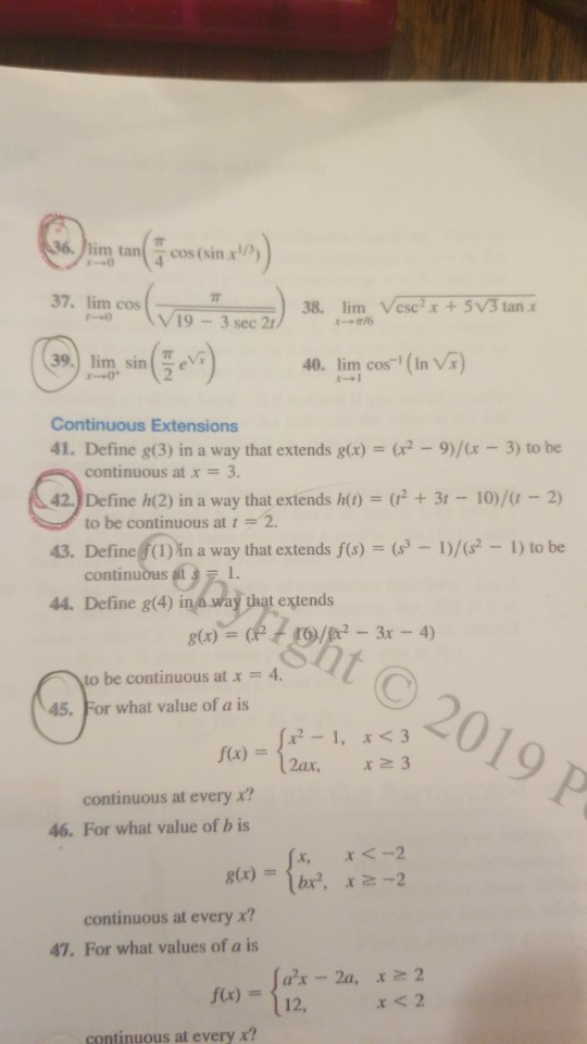 Solved 36. lim tan cos (sin.x/ 37. lim cos 17 38. lim Vcsc? | Chegg.com