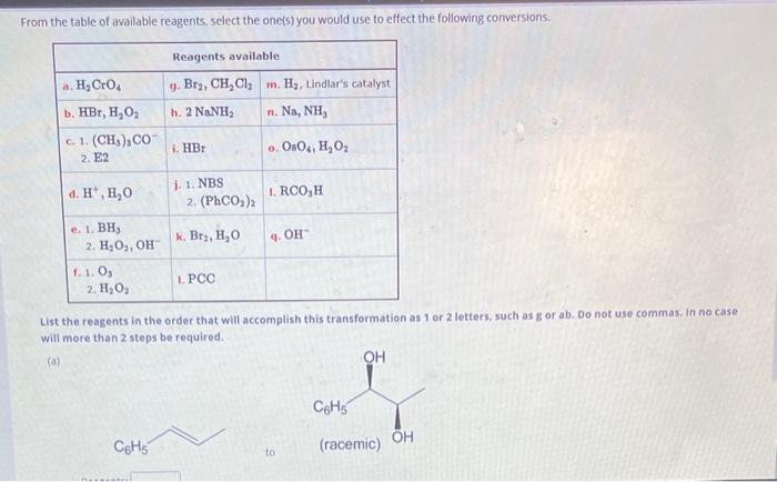 Solved From the table of available reagents, select the | Chegg.com