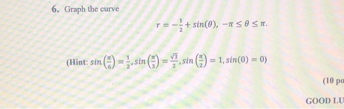 Solved 6. Graph the curve r=−21+sin(θ),−π≤θ≤π (Hint: | Chegg.com