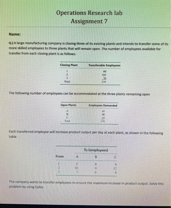 Solved Operations Research lab Assignment 7 Name: Q.) A | Chegg.com
