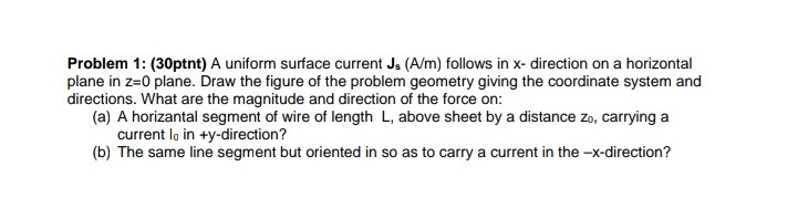 Solved Problem 1: (30ptnt) A uniform surface current Js | Chegg.com