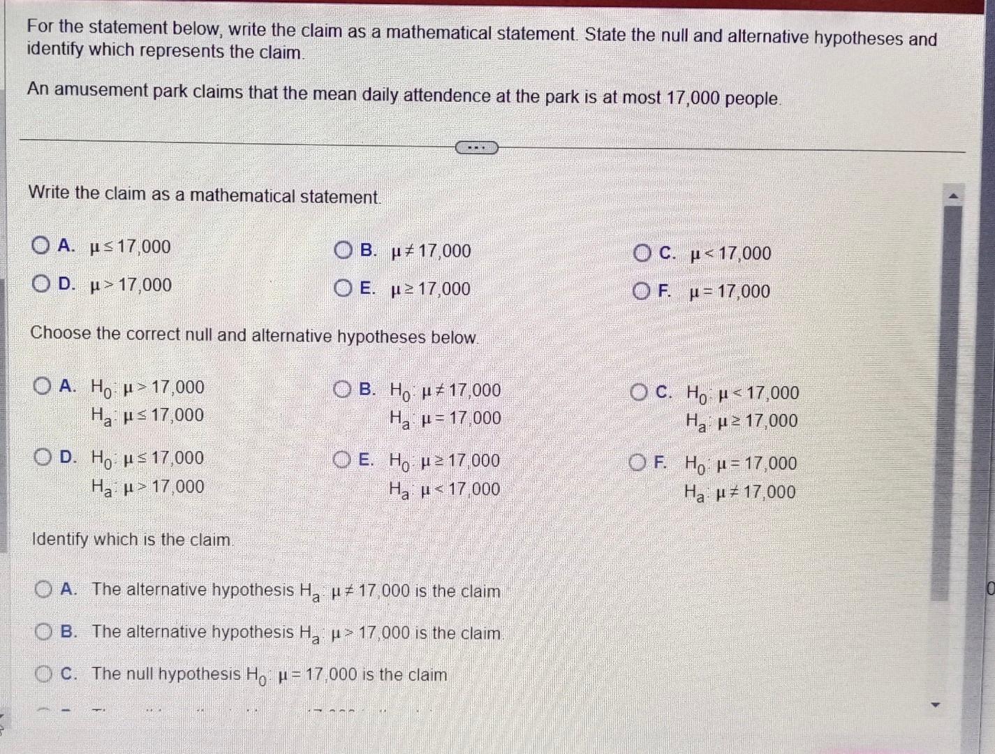 Solved For the statement below, write the claim as a | Chegg.com