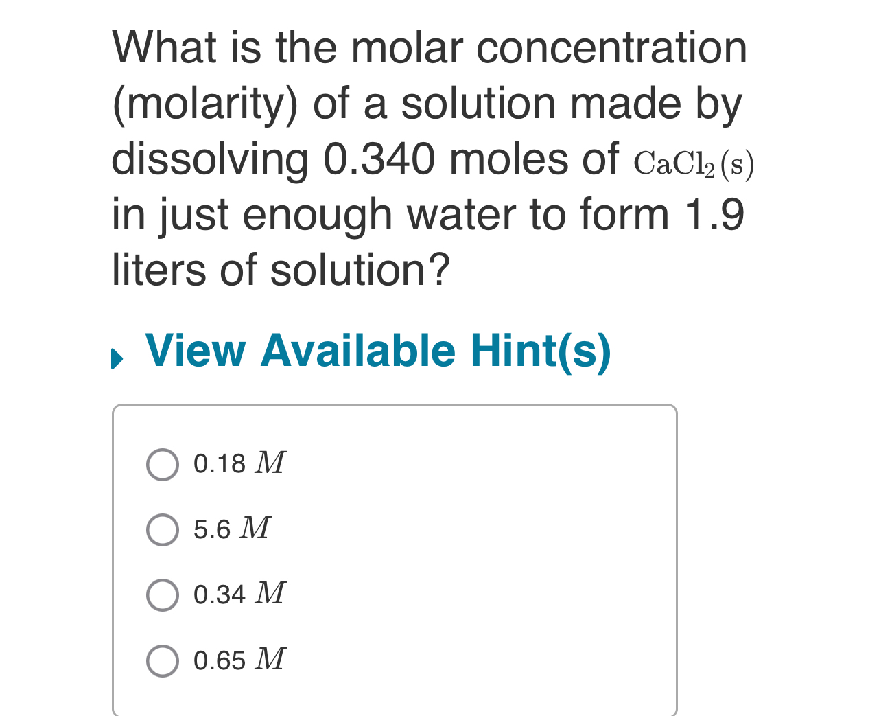 Solved What is the molar concentration (molarity) ﻿of a | Chegg.com