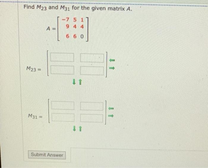 Solved Find M23 and M31 for the given matrix A. -7 5 1 9 4 4 | Chegg.com