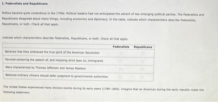 1. Federalists and Republicans Politics became quite | Chegg.com
