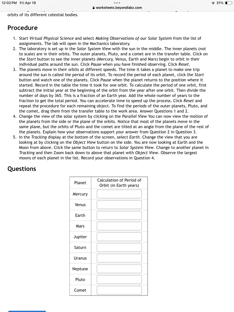 Solved 12:02PM Fri Apr 19worksheets.beyondlabz.comorbits of | Chegg.com