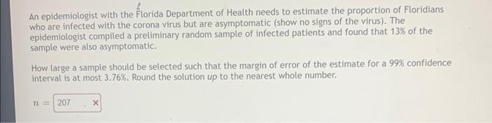 Solved An epidemiologist with the Florida Department of | Chegg.com