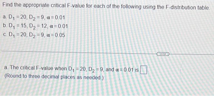 Solved Find the appropriate critical F-value for each of the | Chegg.com