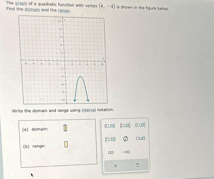 Solved The graph of a quadratic function with vertex (4,−4) | Chegg.com