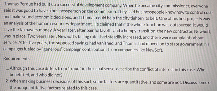 Solved Thomas Perdue had built up a successful development | Chegg.com