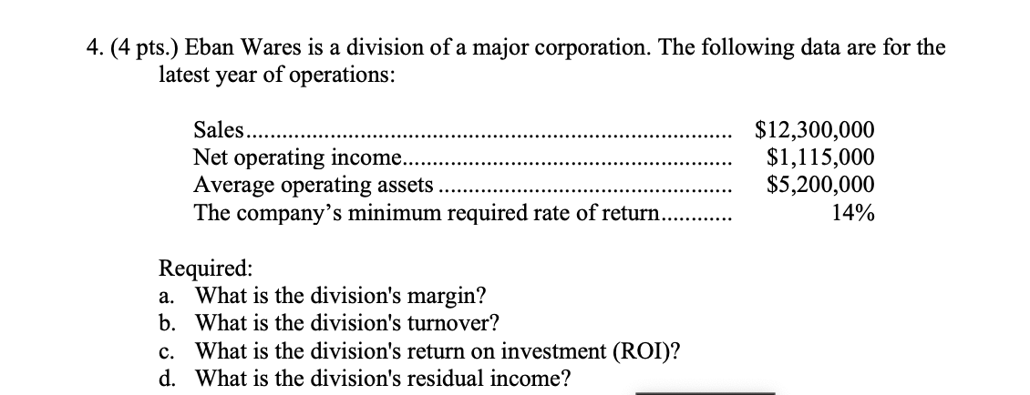 Solved (4 ﻿pts.) ﻿Eban Wares is a division of a major | Chegg.com