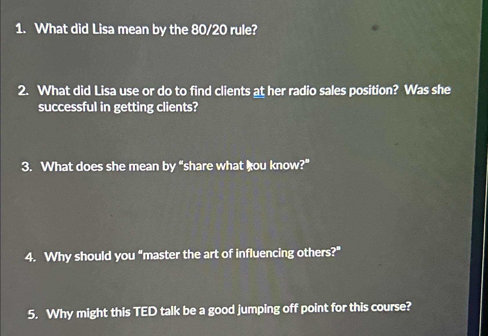 Solved What did Lisa mean by the 8020 ﻿rule?What did Lisa | Chegg.com