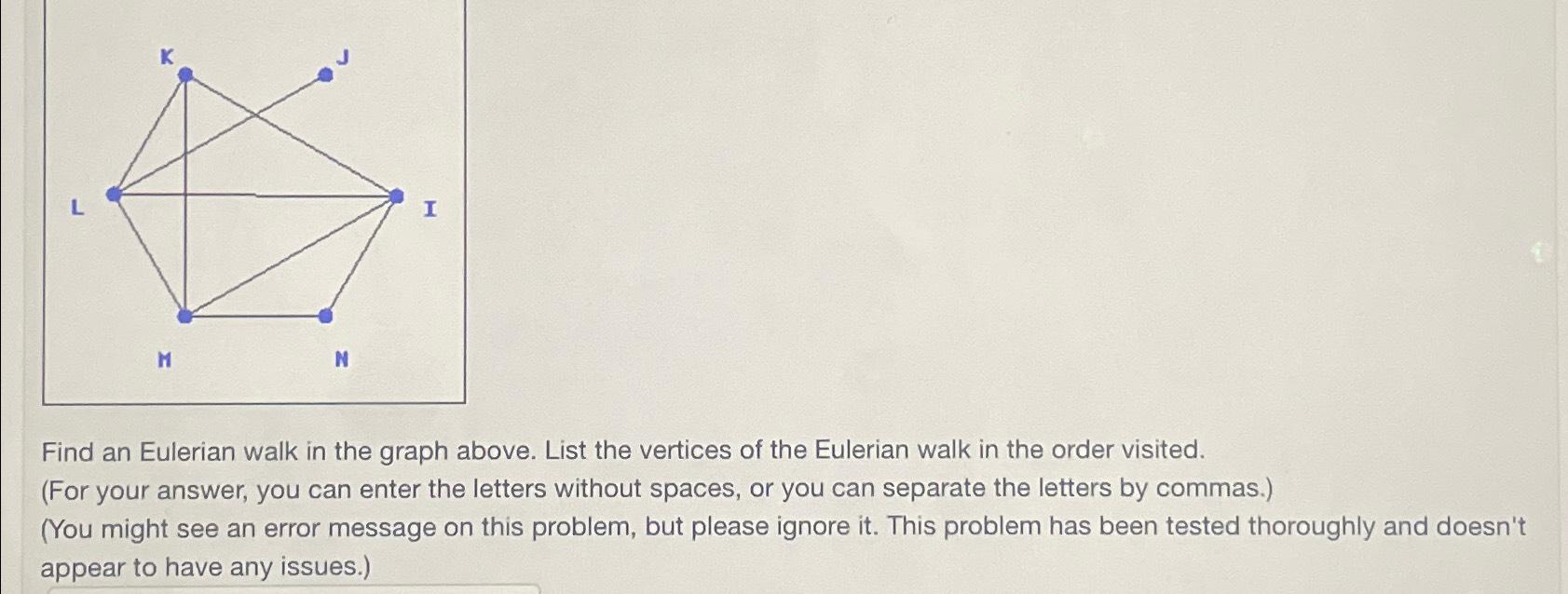 Solved Find an Eulerian walk in the graph above. List the | Chegg.com