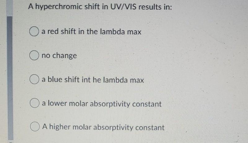 Solved A hyperchromic shift in UV/VIS results in: O a red | Chegg.com