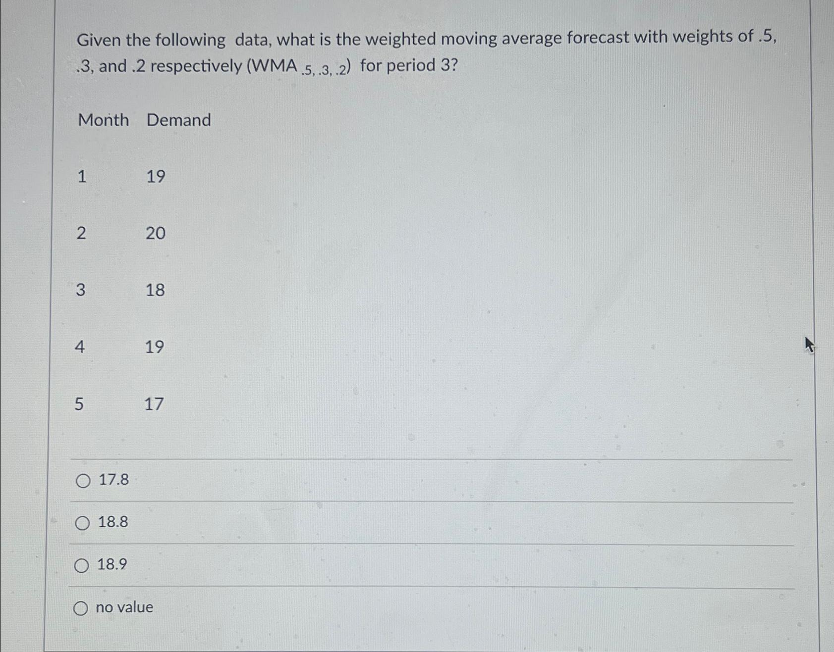 Solved Given the following data, what is the weighted moving | Chegg.com