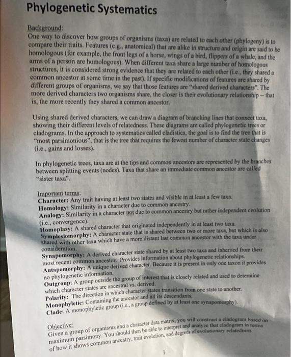 Solved Phylogenetic Systematics Background: One way to | Chegg.com