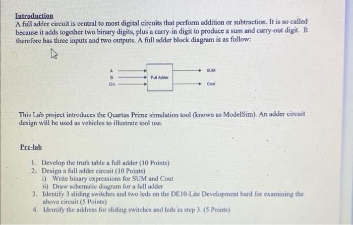 Solved Introduction A full adder circuit is central to most | Chegg.com