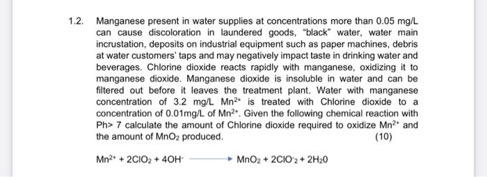 Solved Manganese present in water supplies at concentrations | Chegg.com