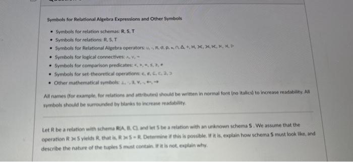 Solved Symbols for Relational Algebra Expressions and Other | Chegg.com
