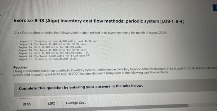 Solved Exercise 8-13 (Algo) Inventory cost flow methods; | Chegg.com