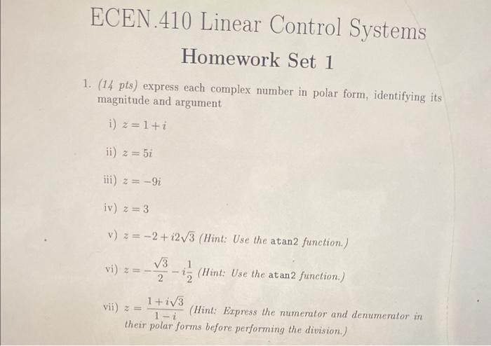 Solved ECEN.410 Linear Control Systems Homework Set 1 1. (14 | Chegg.com