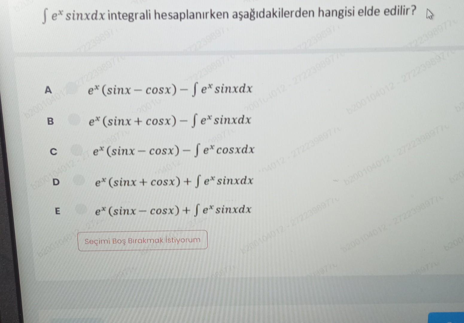 Solved ∫exsinxdx integrali hesaplanırken aşağıdakilerden | Chegg.com
