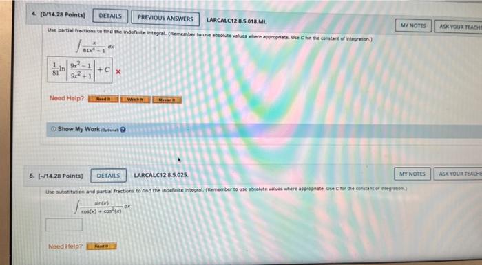 Solved ∫81x4−1xdx Show My Workiovinte [-114.28 Points] | Chegg.com