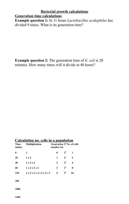 Solved Bacterial growth calculations Generation time | Chegg.com